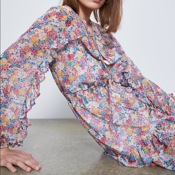 Zara | Dresses | Zara Ruffled Floral Print Long Sleeve Mini Dress Size ...